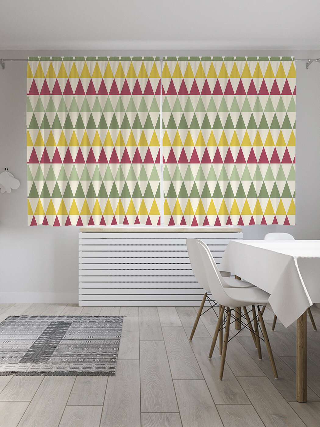 Фотошторы короткие "Ряды цветных треугольников", 2 полотна шириной по 145 см, высота 180 см, JoyArty