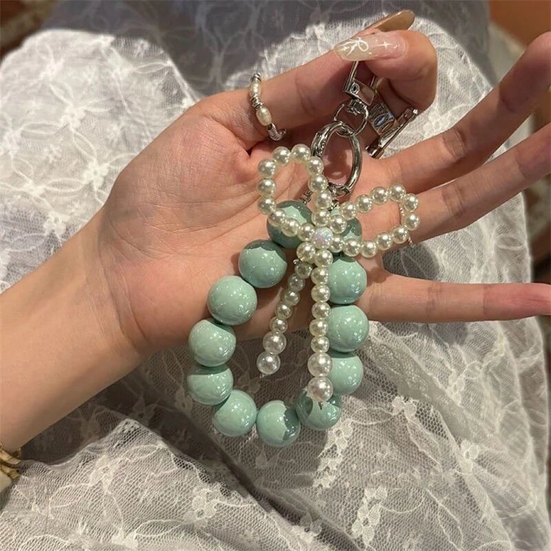 Подвеска для телефона с цветными бусинами и милым бантом в Корейском стиле, Очаровательная цепочка, ремешок, аксессуары для телефона для iPhone, Samsung, брелок для камеры, Airpods Green