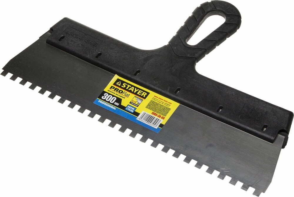 Зубчатый фасадный шпатель STAYER Flat, 300 мм, зуб 6 х 6 мм, пластиковая ручка, нержавеющийProfessional 1009-30-06