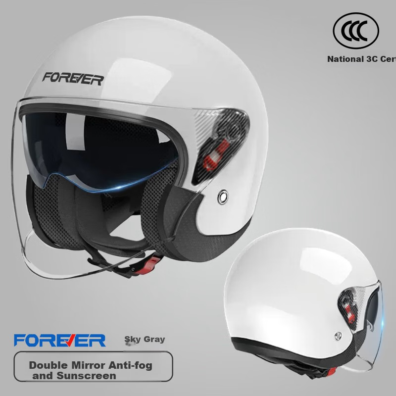 Permanent New National Standard 3C Certified Electric Motorcycle Helmet Anti-fog Men and Women Four Seasons Winter Anti-freeze Warm Electric Vehicle Half Helmet Safety Helmet 288 Double Mirror [Sky Gr