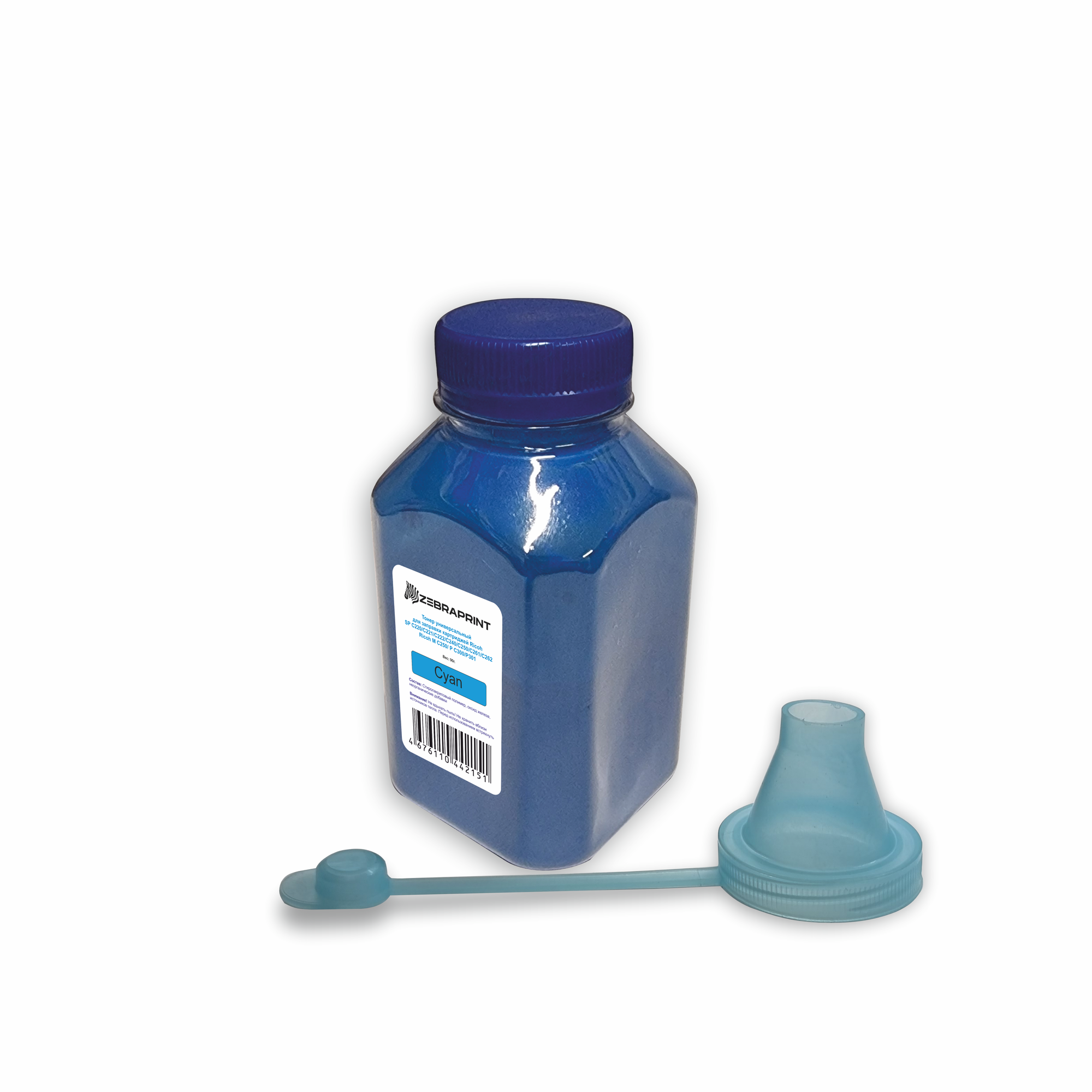 Голубой универсальный тонер для Ricoh SP C250/C261/C300/C301, банка 90г, с воронкой для заправки