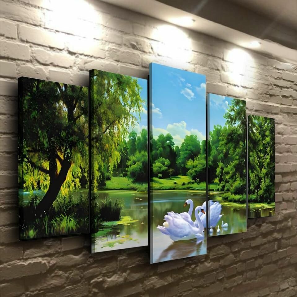 Modul007 Картина модульная на стену для интерьера 140х80 см из 5 модулей "Лебединое озеро" декор для комнаты на подрамнике