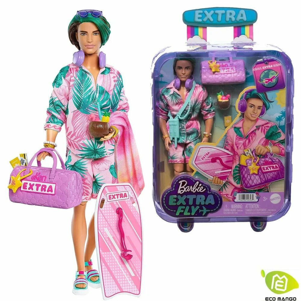 Кукла Mattel Barbie Экстра-муха Кен с пляжной тематикой Одежда и аксессуары для путешествий