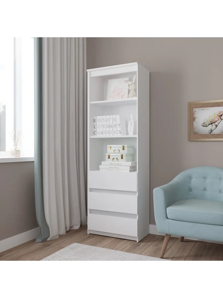 Шкаф-пенал, ЛДСП, шариковые направляющие, 3 ящика, 3 полки, белый, 180 см х 37 см х 60 см