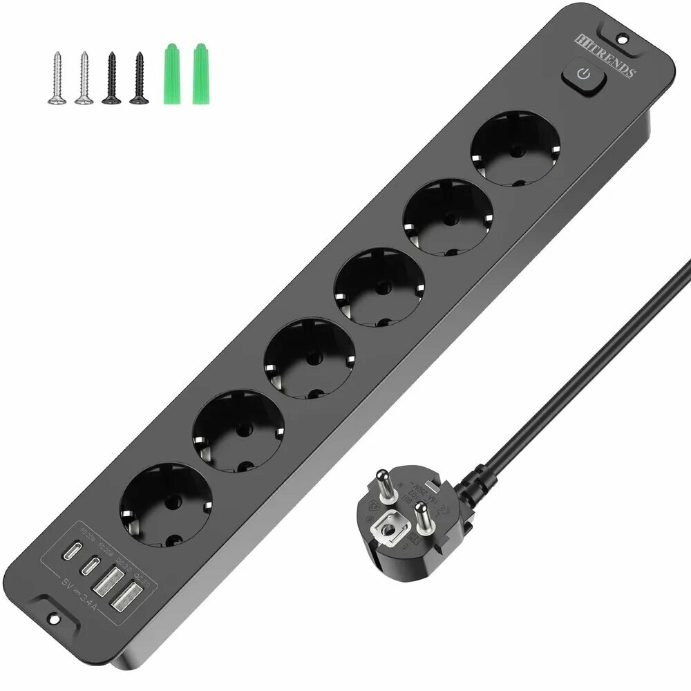 HITRENDS сетевой фильтр европейский стандарт с 6 отверстиями 2 USB + 2 Type-c кабель длиной 2 метра 1,5 квадратных дюйма черное