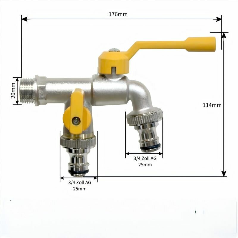 Двойной Кран водоразборный 1/2' дюйма - Садовый смеситель из цинкового сплава, выходное отверстие 2 * 3/4 дюйма(штуцер быстросъём)1
