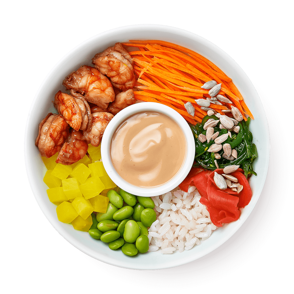 Боул Soul in the Bowl "Поке креветка терияки", запечённые креветки, чукка, морковь, дайкон