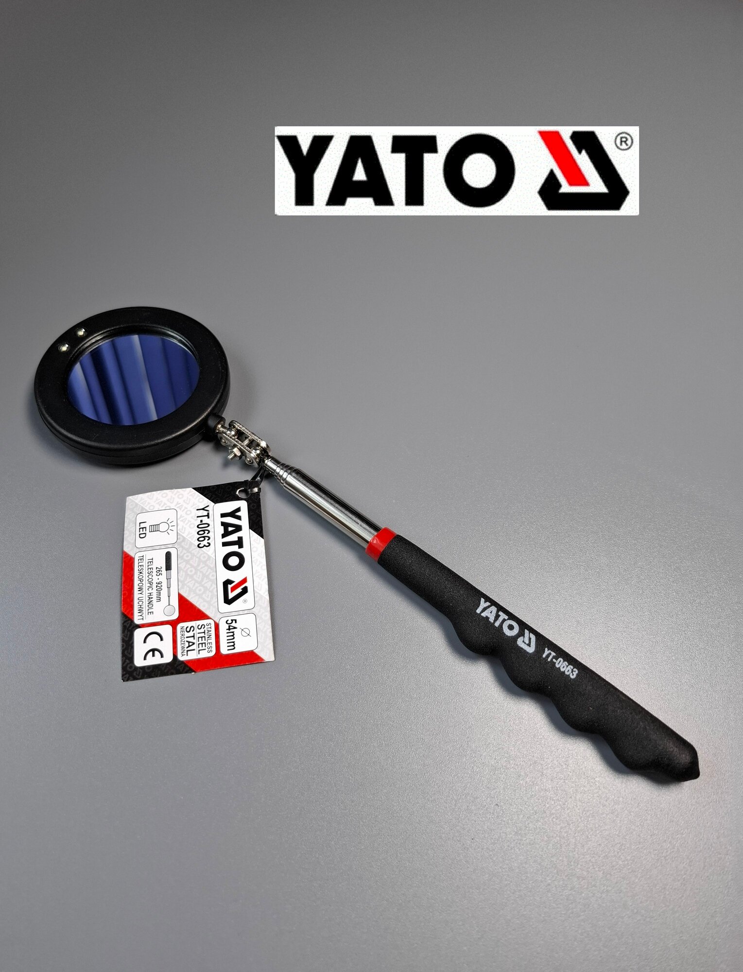 Зеркало YATO инспекционное телескопическое с подсветкой 265-920 мм, YT-0663