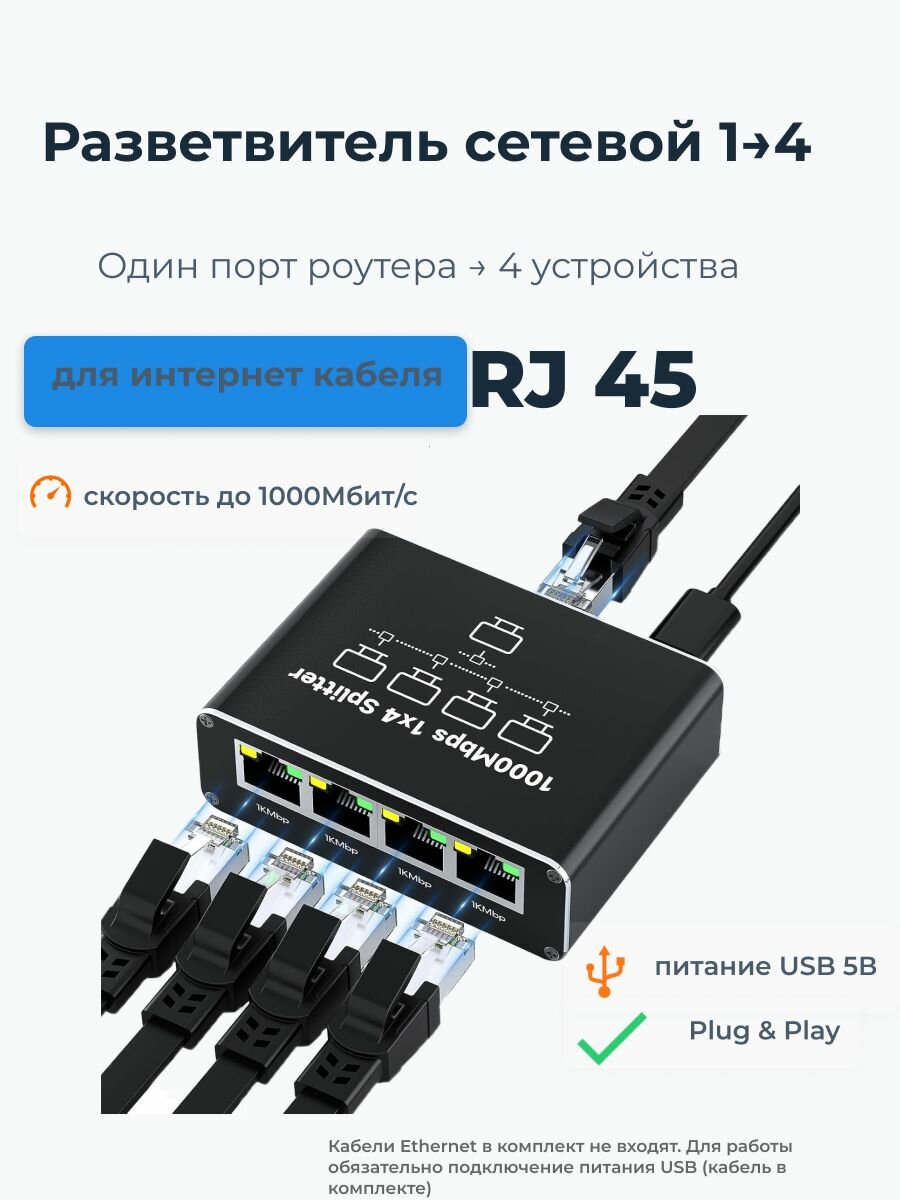 Интернет разветвитель для соединения RJ45, сетевой сплиттер для кабеля, переходник - адаптер на 1000 Мбит/с