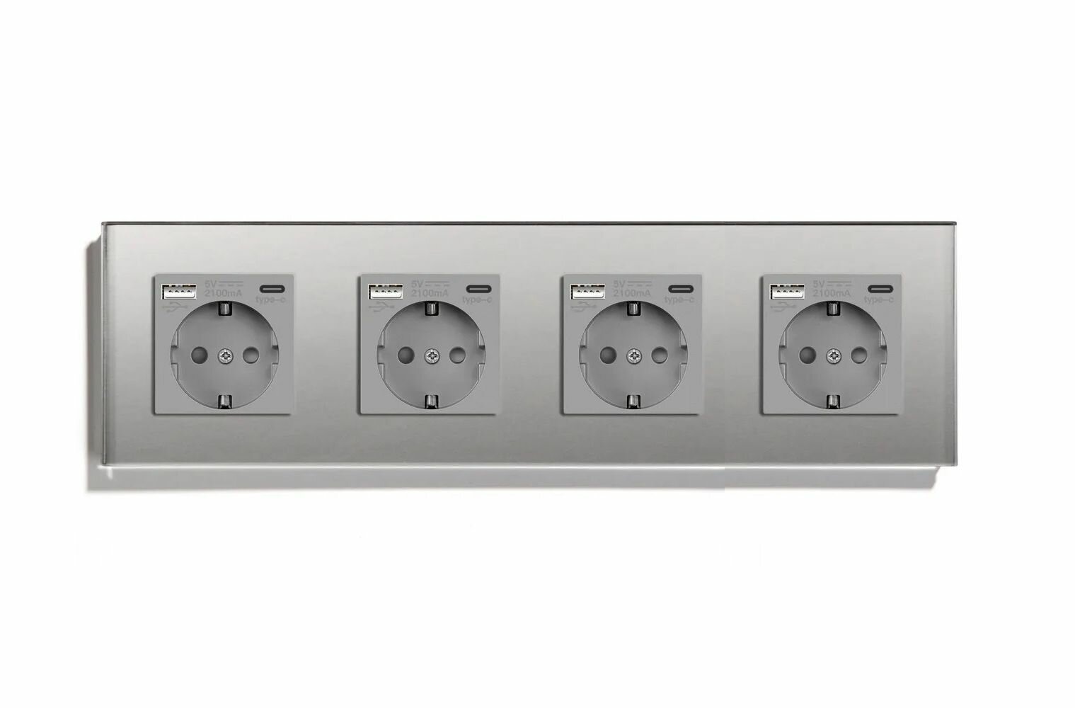 Розетка с USB Type-C MVAVA, зарядка 10Вт, встраиваемая, 4 поста, стекло, с заземлением, серая