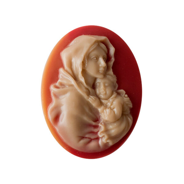 Камея акриловая, 40х30мм, дева Мария с младенцем, перламутр на сердолике, 1 шт.