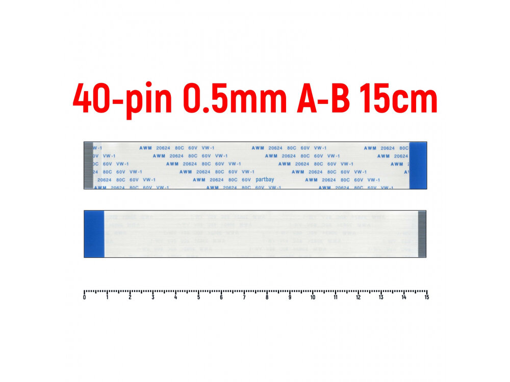 Шлейф FFC 40-pin Шаг 0.5mm Длина 15cm Обратный A-B AWM 20624 80C 60V VW-1