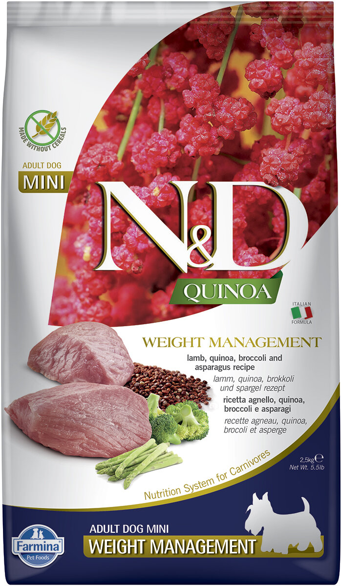 FARMINA DOG N&D GRAIN FREE QUINOA ADULT MINI WEIGHT MANAGEMENT LAMB беззерновой диетический для собак маленьких пород, ягненок и киноа (2,5 кг х 4 шт)
