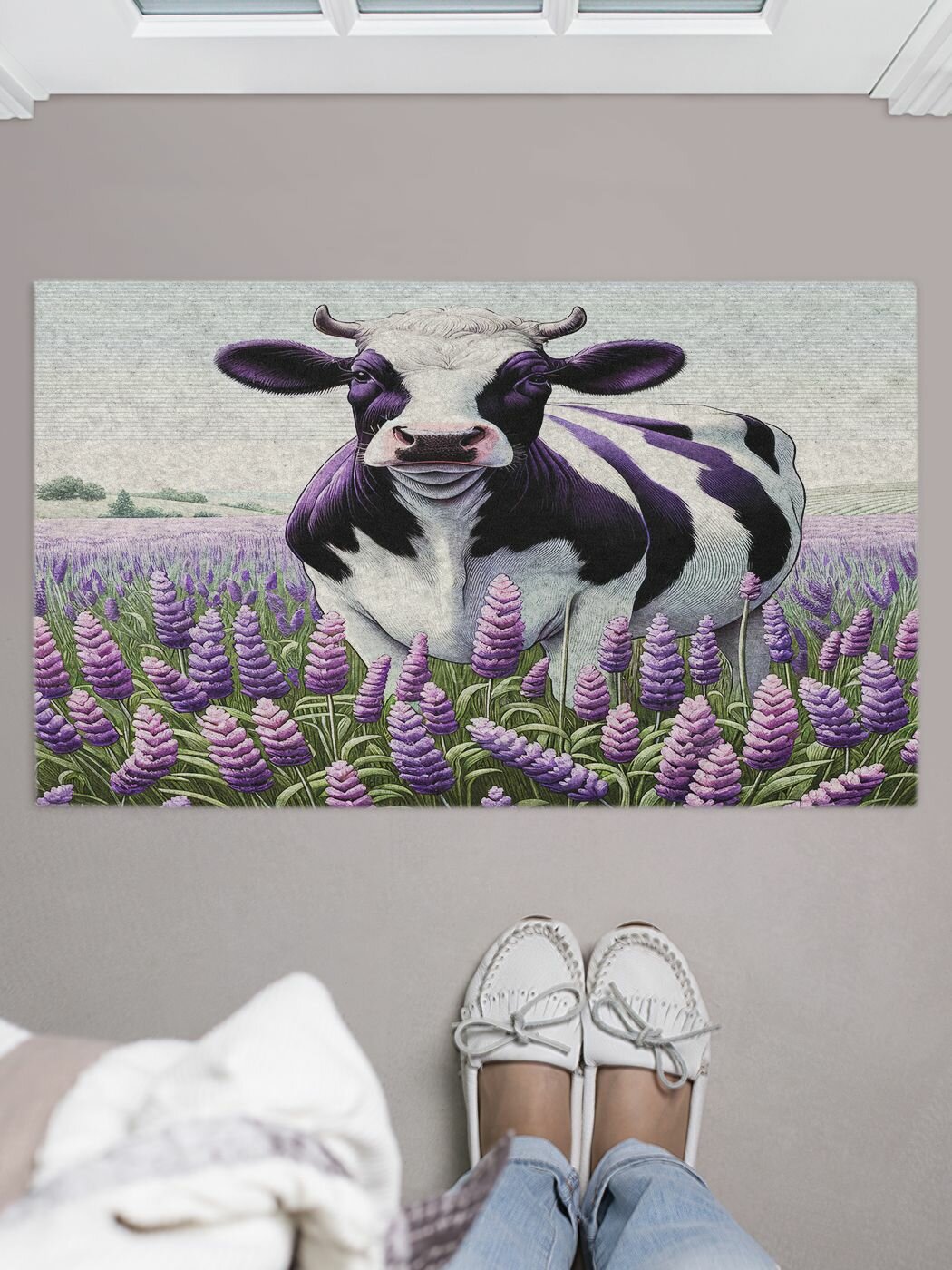 Коврик придверный в прихожую с принтом "Корова на лугу" 45 на 75 см , JoyArty