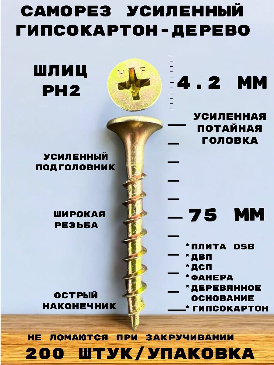 Саморез HIMTEXfix 4,2х75 мм гипсокартон/дерево, оксидированный, усиленный с потайной головкой, желтый цинк, 200 шт/упаковка