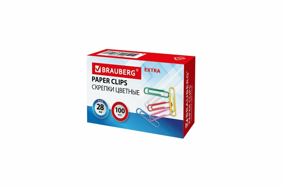 BRAUBERG Extra скрепки 28 мм цветные, 10 упаковок по 100 шт, 271313