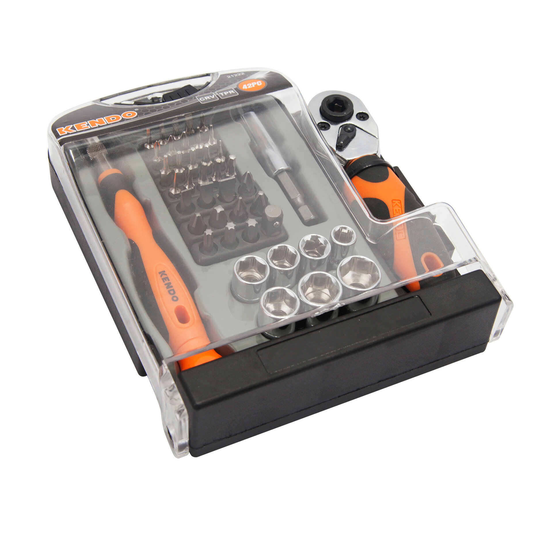 Отвертка с трещоткой KENDO 42 предмета: 11 бит, 20 бит для точных работ, 7 торцевых головок.