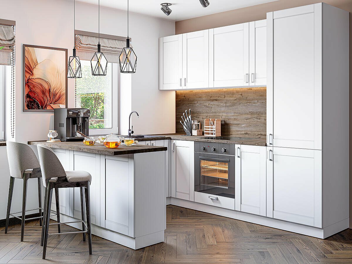 Кухня Лофт-06, цвет фасада White Silk, цвет каркаса Белый, 2140*1500/2300/2600*600 мм