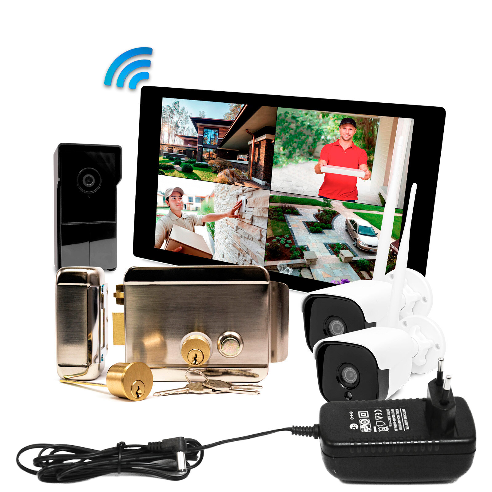 Цветной Wi-Fi домофон TUYA с замком и 2 камерами - Sky-Net 1000 (1+2+AX042): HD экран 10 дюймов, 3MP вызывная видеопанель с ИК подсветкой, замок элект