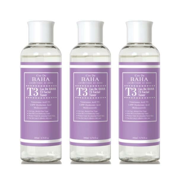 Тонер Cos de bana для лица T3 Facial Toner (T3) , с низкомолекулярной гиалуроновой кислотой и транексамовой кислотой , 200 мл, 3 шт