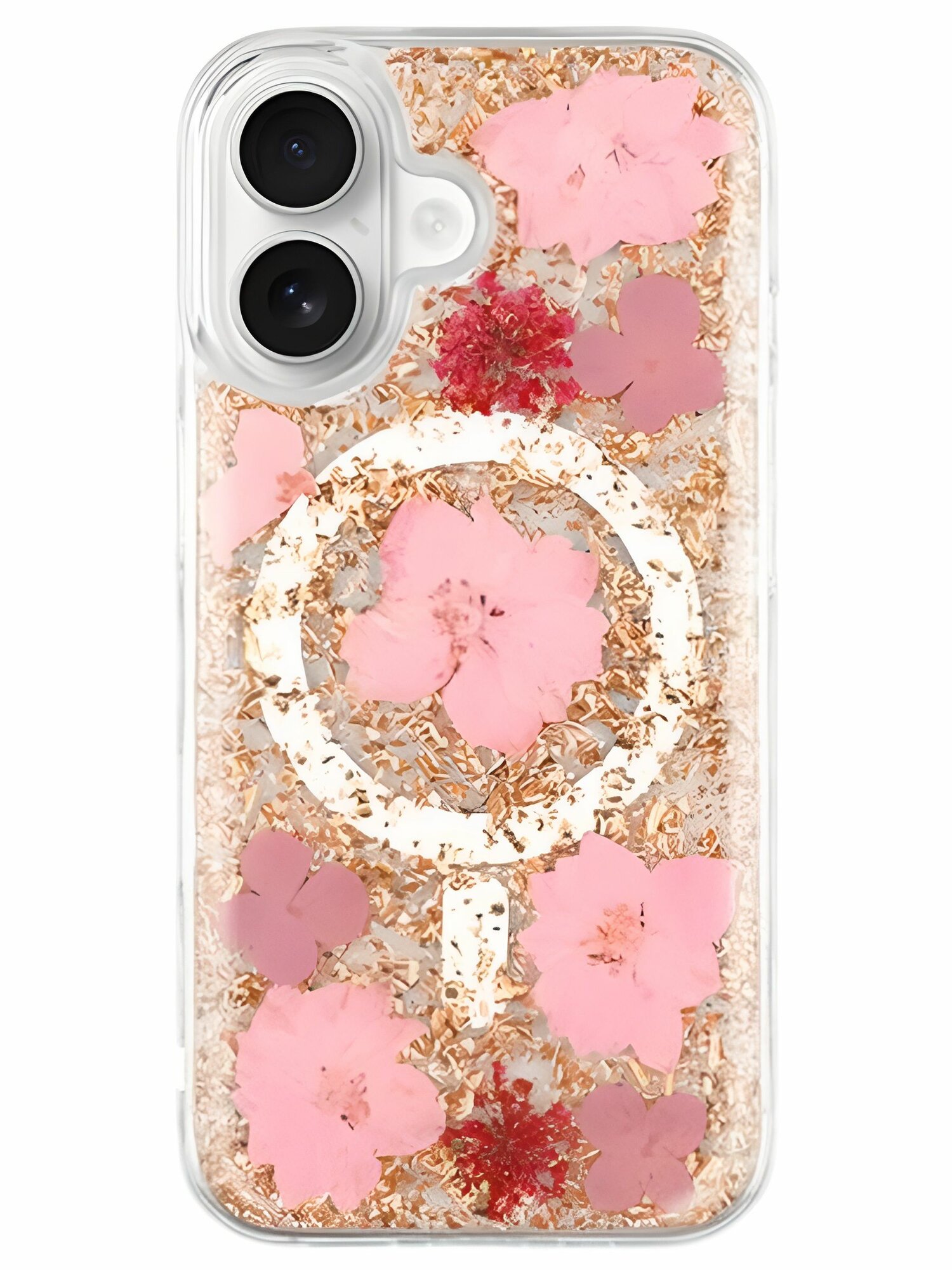Чехол Mag Flowers iPhone 16, розовый(Pink) c поддержкой беспроводной зарядки