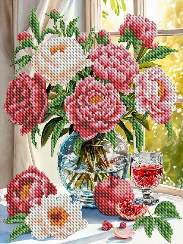 Канва с рисунком Каролинка #ТКБЦ 3077 Пионы с гранатовым соком, 36 х 27 см (Бисер в комплект не входит.)