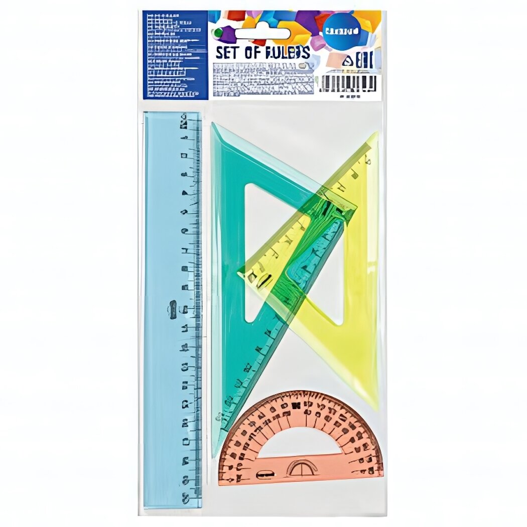 Линейка 20см, 2 треугольника и транспортир, цвет в ассортименте, пластик, чертёжные принадлежности от Centrum