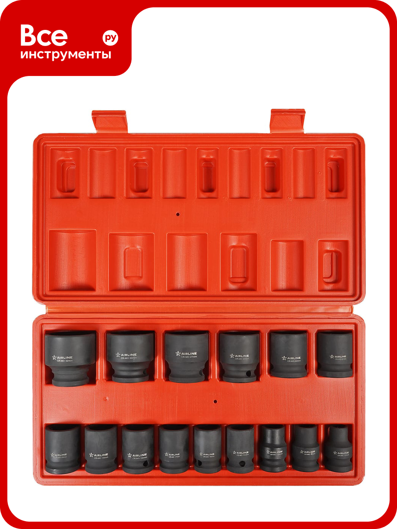 Набор головок ударных 1/2"DR, 38 мм, 15 предметов, 10-32 мм, пластиковый кейс Airline ATAS076