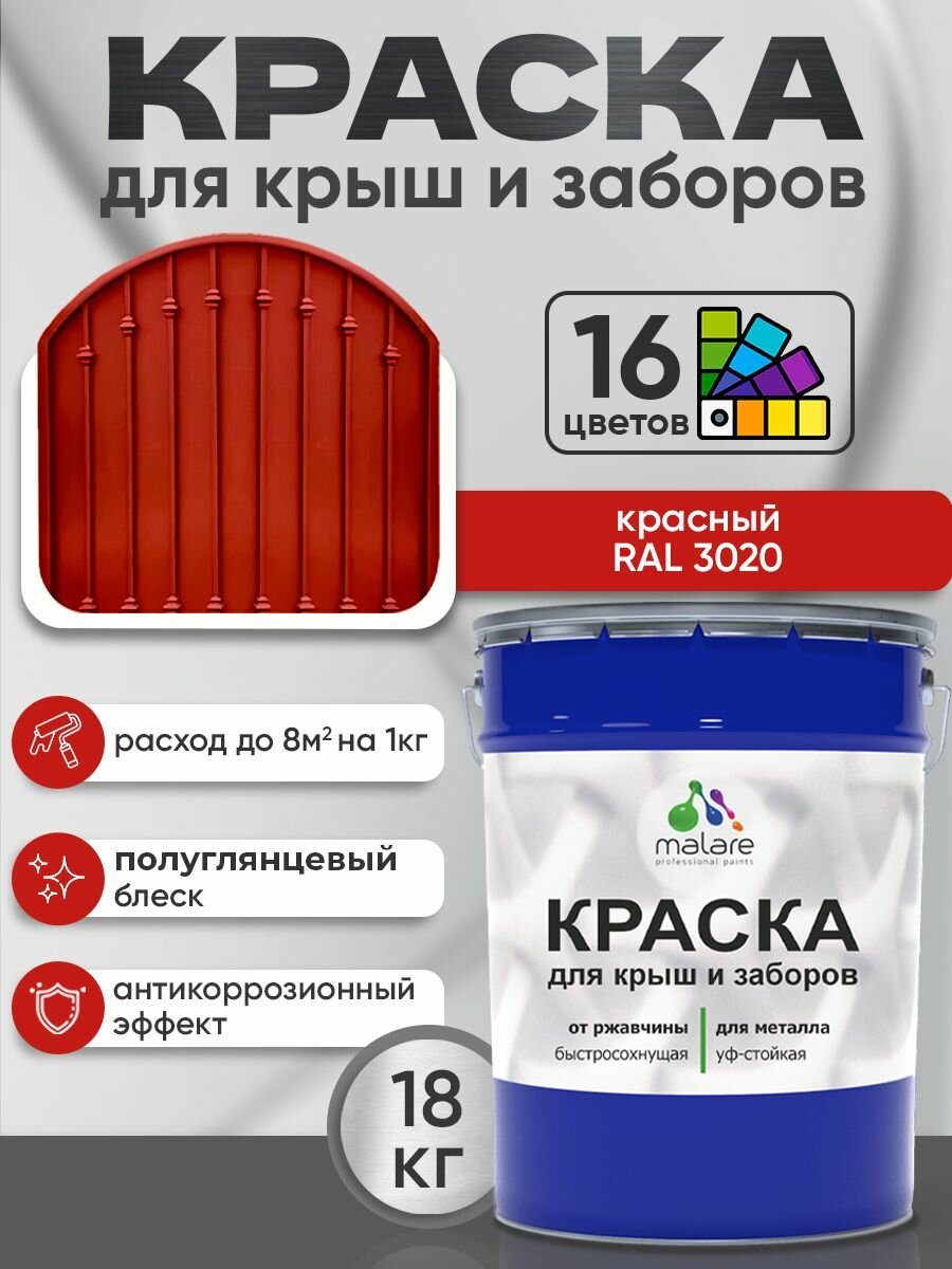 Краска по металлу Malare для крыш и заборов по ржавчине, для наружных работ, быстросохнущая износостойкая RAL 3020 красный, глянцевая, 18 кг