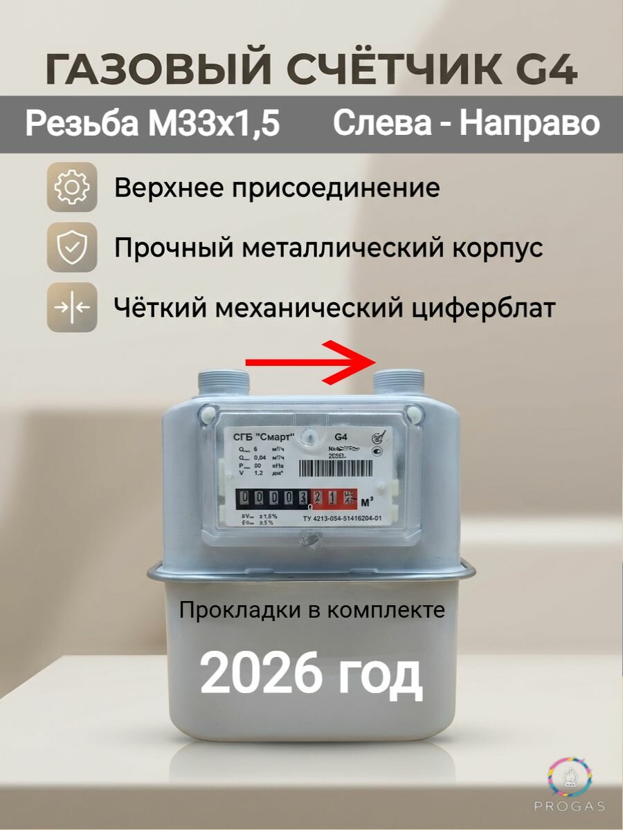 Газовый счетчик СГБ G4 Смарт М33х1,5 (верхний) Слева-направо 2026 г