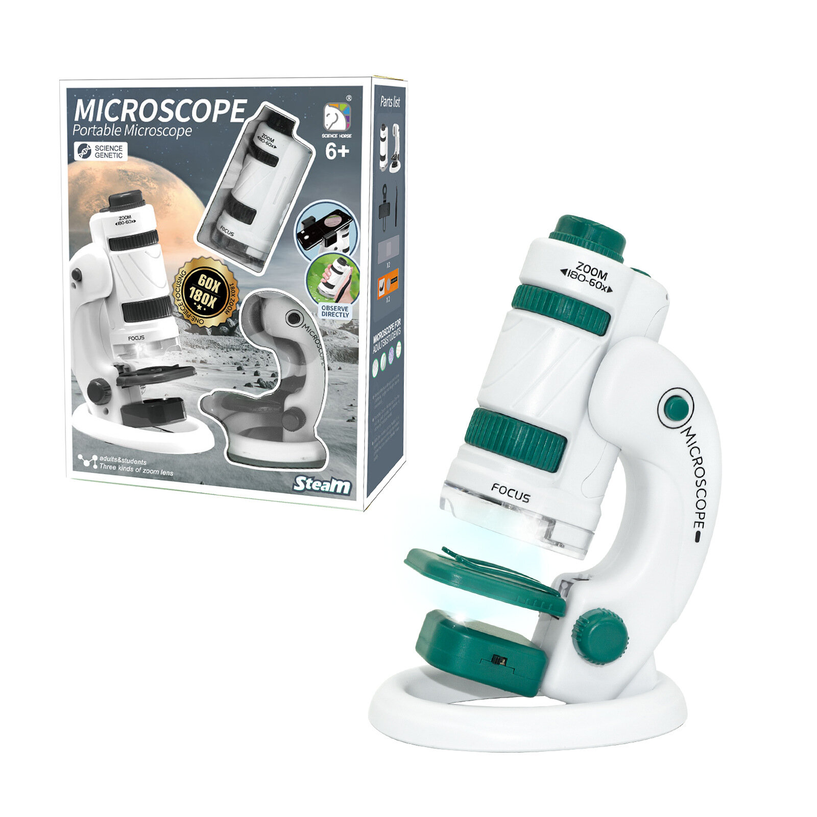 Микроскоп Youma SD227, для детей, 3 в 1, белый и зеленый