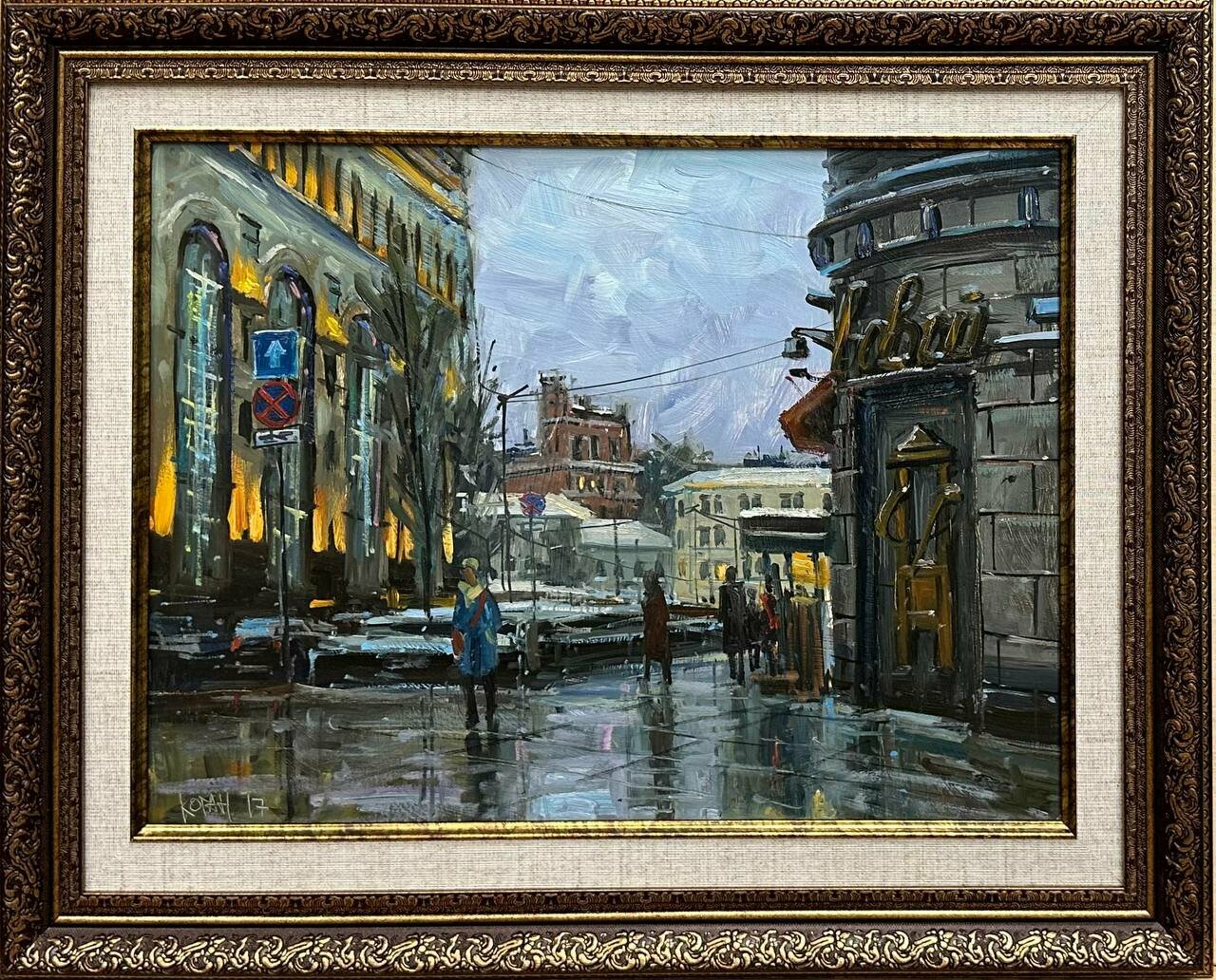 Картина маслом на МДФ, городской пейзаж "Кузнецкий мост"