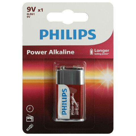 2 шт. Батарейка алкалиновая 1 шт. PHILIPS Power Alkaline, Крона 9V (6LR61, 6LF22, 1604A), блистер, Б0062717