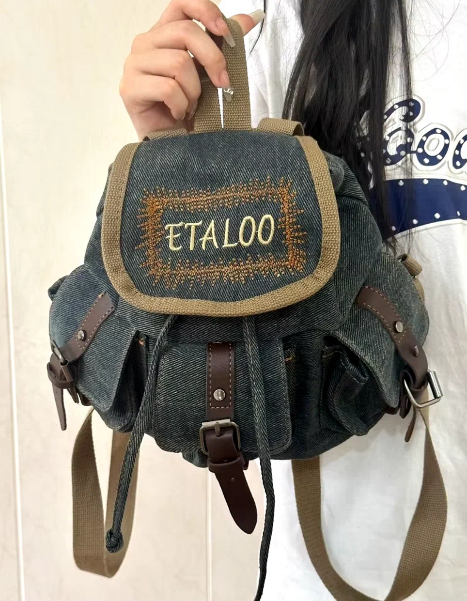 Рюкзачок джинсовый мини в японском стиле для города женский| для девочки, коричневые ремешки