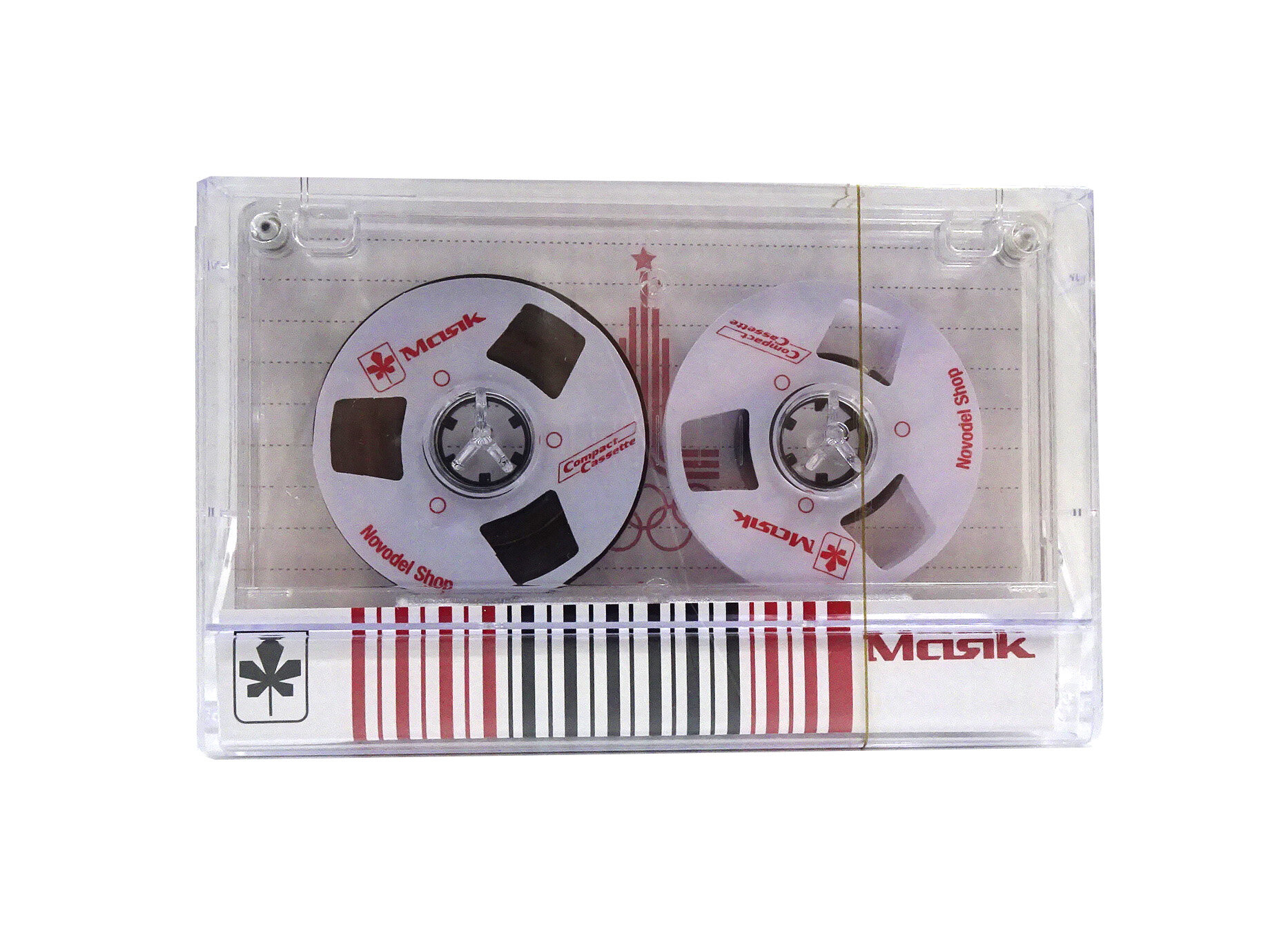 Аудиокассета с боббинками "Маяк" белого цвета с красным текстом