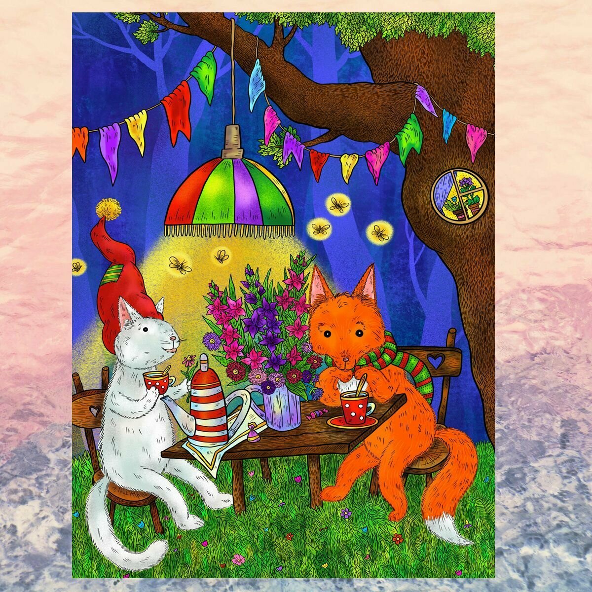 Открытка Чаепитие котика и лиса Открытка с котом поздравительная с конвертом