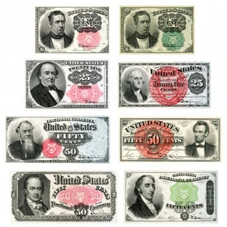 Fractional Currency 10-50 центов 1863 США, набор 8 копий сувенирная копия, банкноты и купюры редкие коллекционные