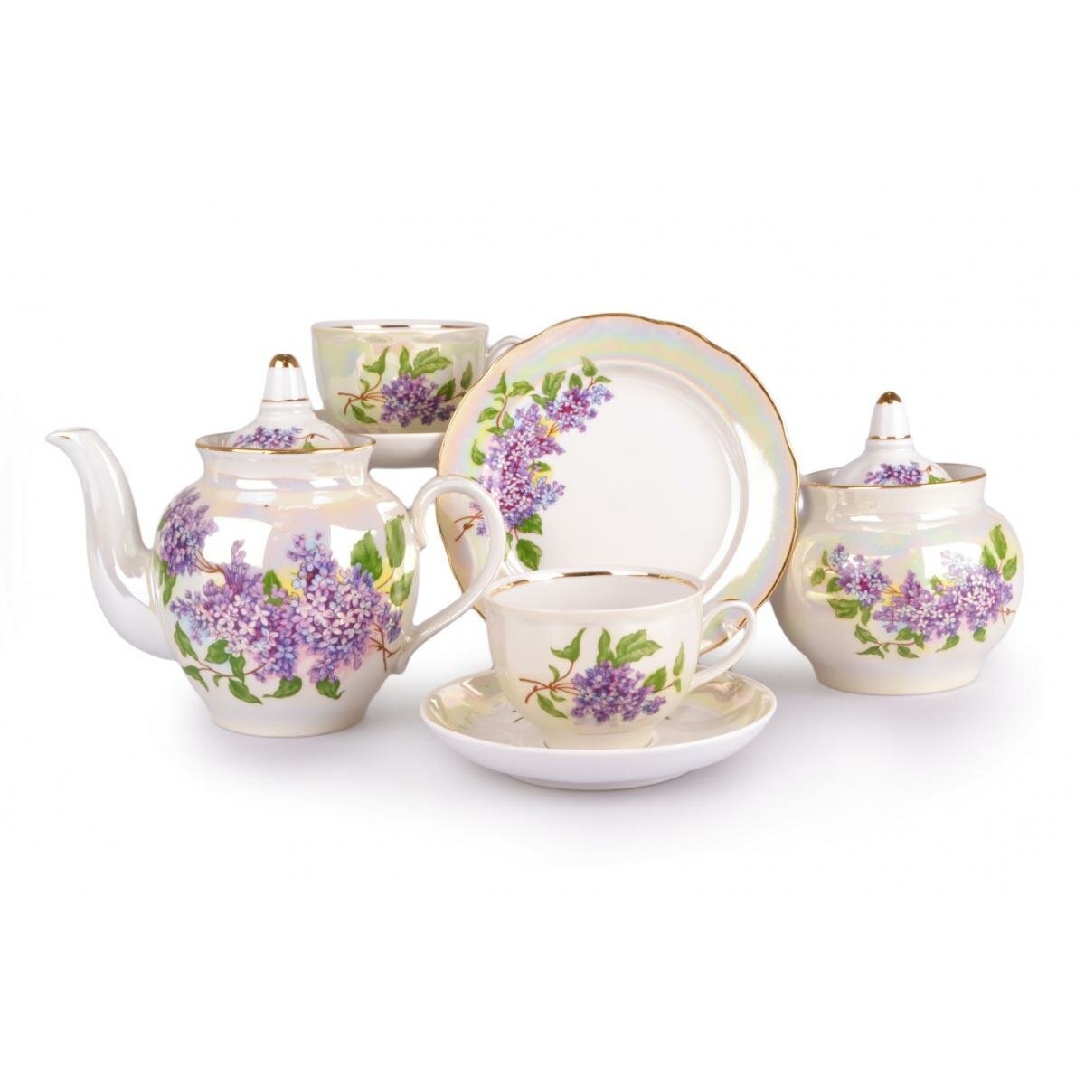 Сервиз чайный фарфоровый 20 предметов Дулево форма Гранатовый "Сиреневый букет"