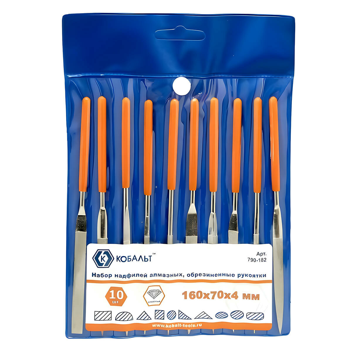 Набор надфилей алмазных 160 мм (10 шт, обрезиненные ручки) кобальт 790-182