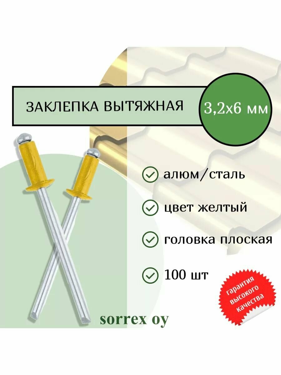 Заклепка вытяжная цветная алюминий/сталь 3,2х6 крашеная RAL1004 для профнастила и забора Sorrex OY (100штук)