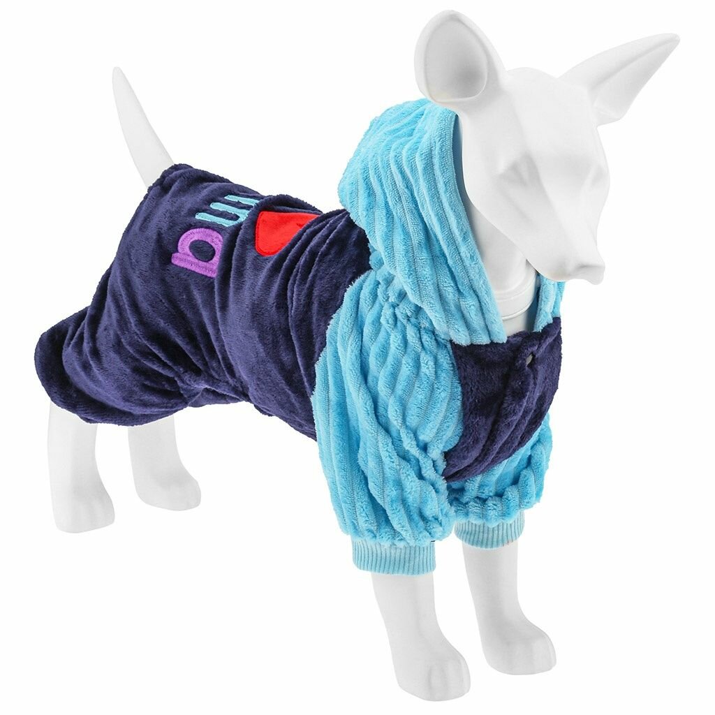 Комбинезон для собаки Pet Toys "I Love Mama/Papa", капюшон, L, длина 30 см, обхват груди 42 см, шеи 32 см, синий с голубым