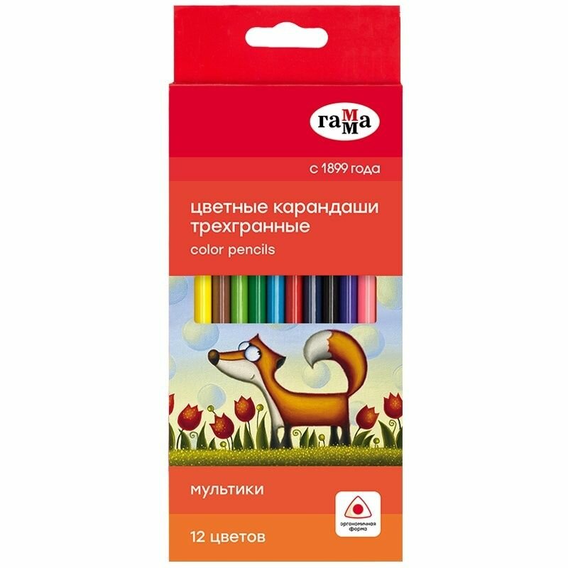 Карандаши цветные Гамма 12 цветов, трехгранные, картонная упаковка, европодвес (290122_12)