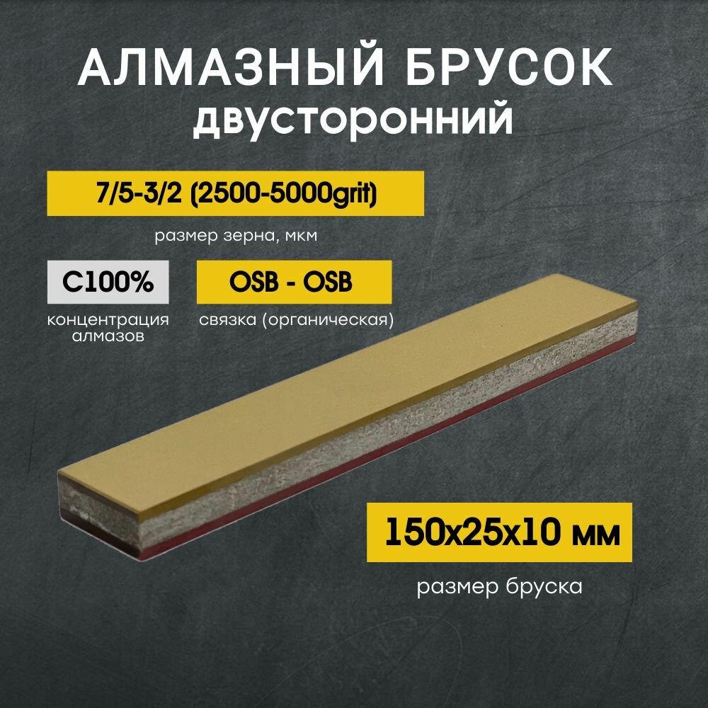 Алмазный 2-х сторонний брусок VID 150x25мм С100% 7/5-3/2 OSB (700-2500grit)