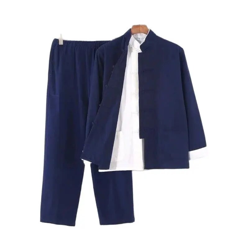 Китайский традиционный костюм Тан OLOMLB мужской хлопковый Темно-синий, XL 175cm, 3-piece set