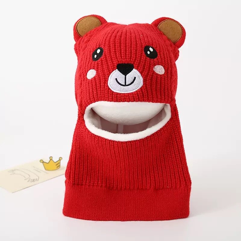 Детская шапка Lei Feng, зимний цельный шарф, рождественская шапка, вязаная шапка с милым медведем и защитой лица, плюс бархатная теплая шапка