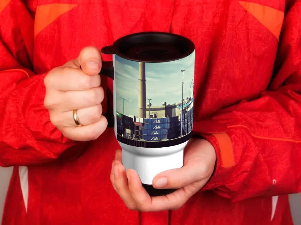 Тремокружка для авто с принтом "Порт, контейнер, контейнерный терминал" 0.5 л.