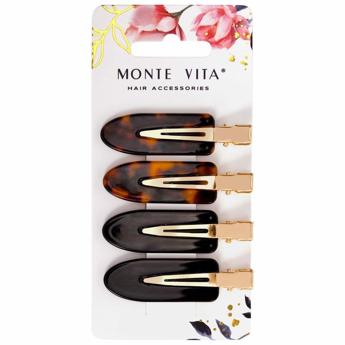 Заколки для волос набор 4шт, 6см, глянцевый, черный, черепаховый, Monte Vita, 12 уп.