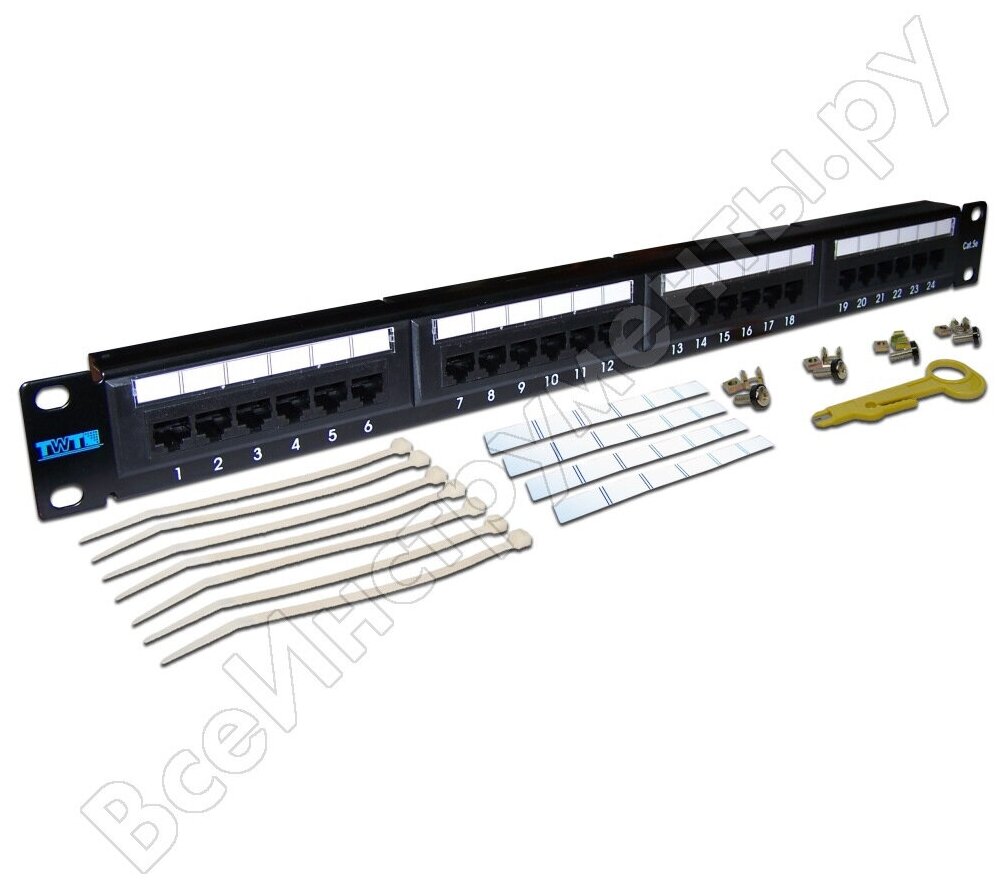 Патч-панель TWT 19, 24 порта RJ-45, категория 5e, UTP, 1U, PP24UTP, с помощью изделия можно выполнить