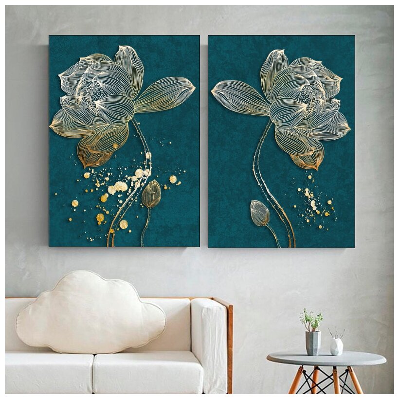 Комплект настенных картин (2шт по 60х80см) в спальню/гостиную/зал "Утонченные цветы", арт холст на подрамнике, общий размер 80х120 см