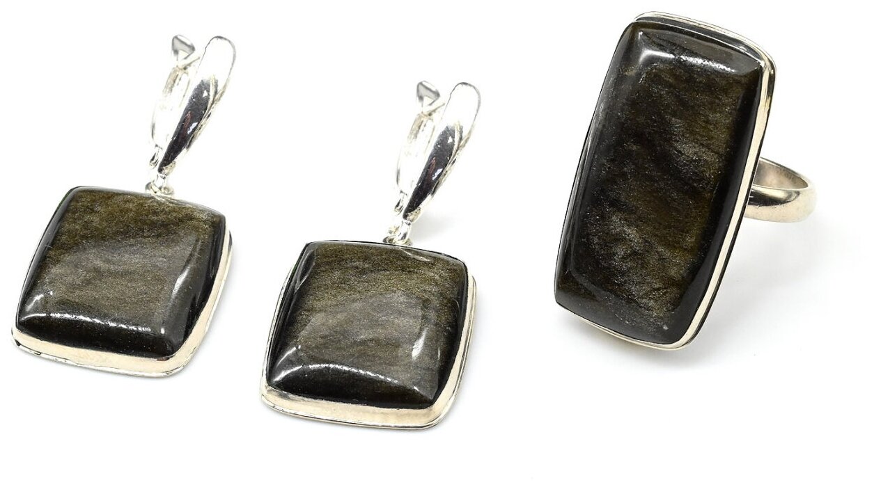 Комплект бижутерии: кольцо, серьги, обсидиан